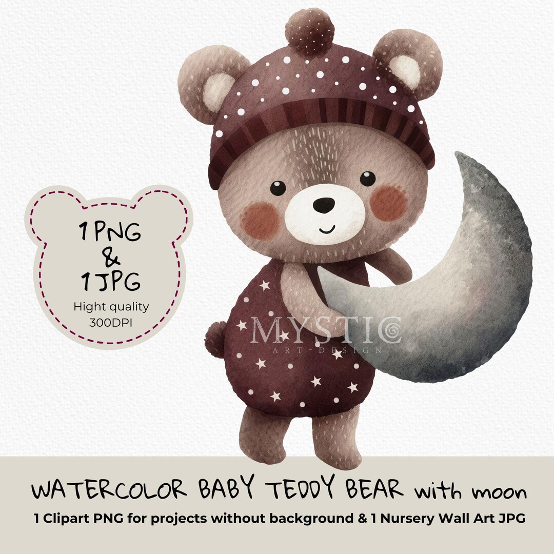 Watercolor Cute Teddy Bear With Moon, PNG Clipart Without Background ...