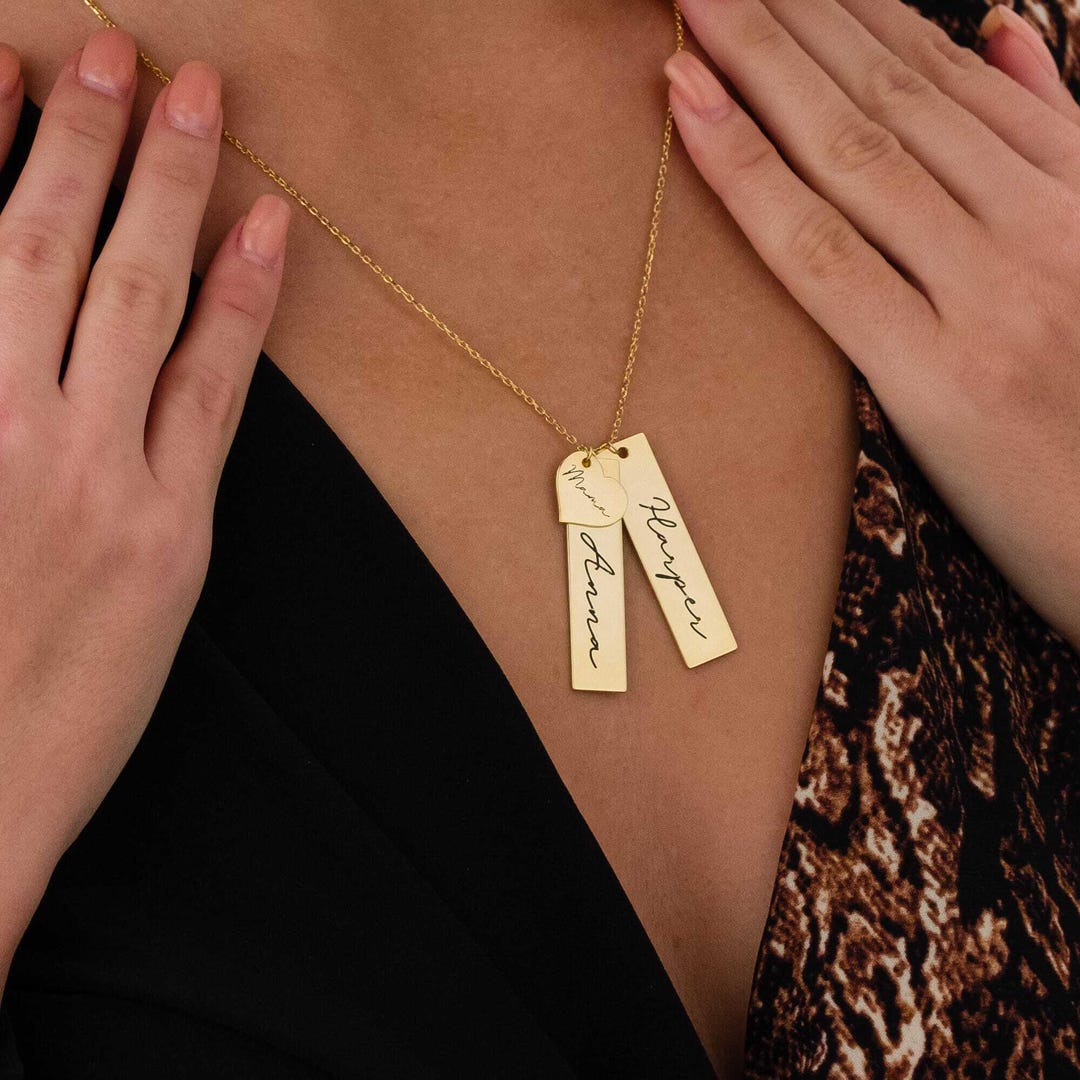 Gold Double Bar Names Necklace, Heart Plate Names Pendant, 14K Gold ...