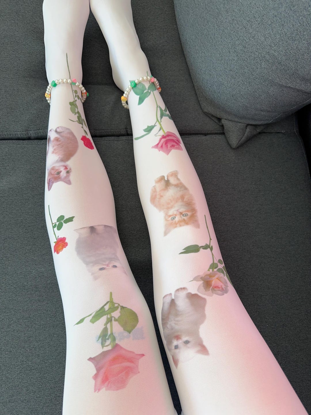 Tights Printed With Print Cats, Kitty and Roses - Etsy