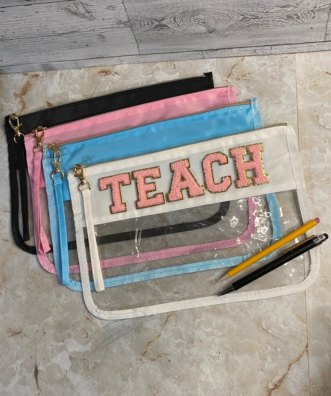 TEACH Clear Pouch With Glitter Varsity Letter and Strap Chenille Letter ...