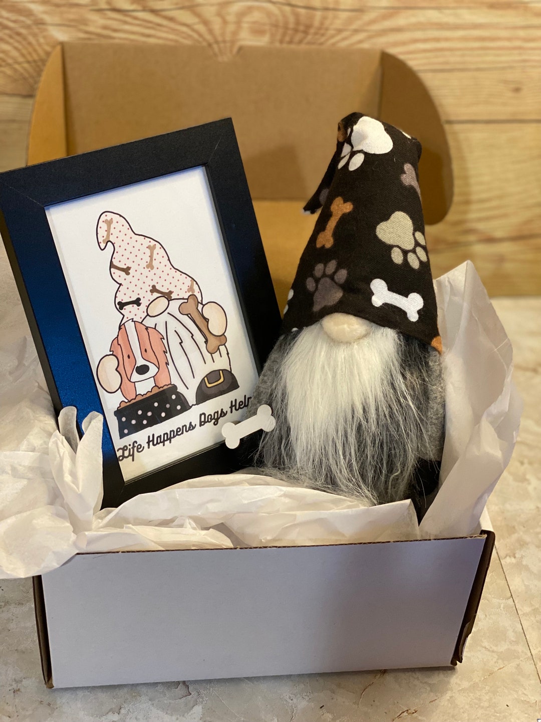 Dog Lover Theme Gift Box Gnome Themed Gift Box With Dog Framed Print ...