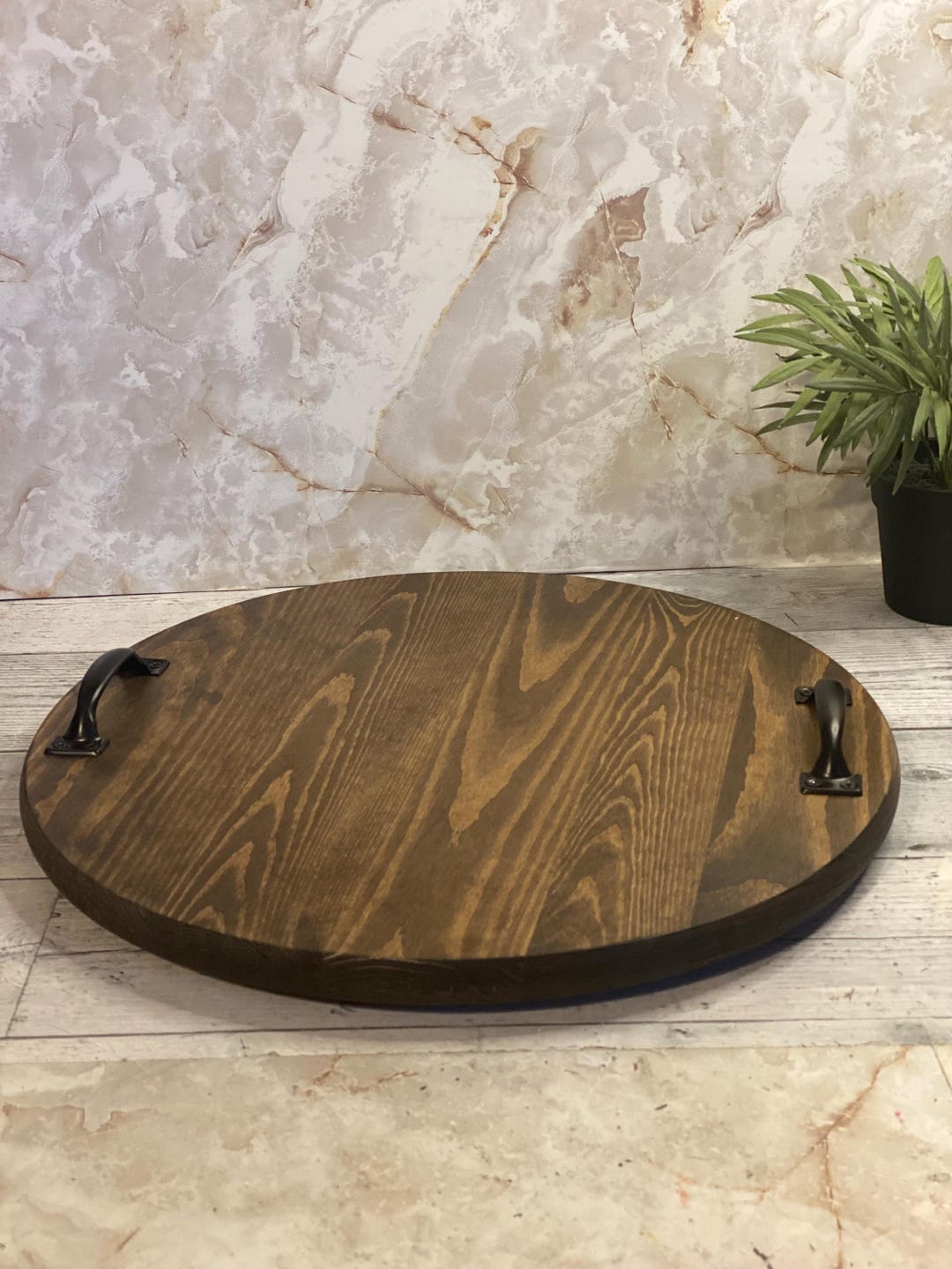 Rotating Wood Circle Tray With Handles Centerpiece 15 Inch Wood Kitchen ...