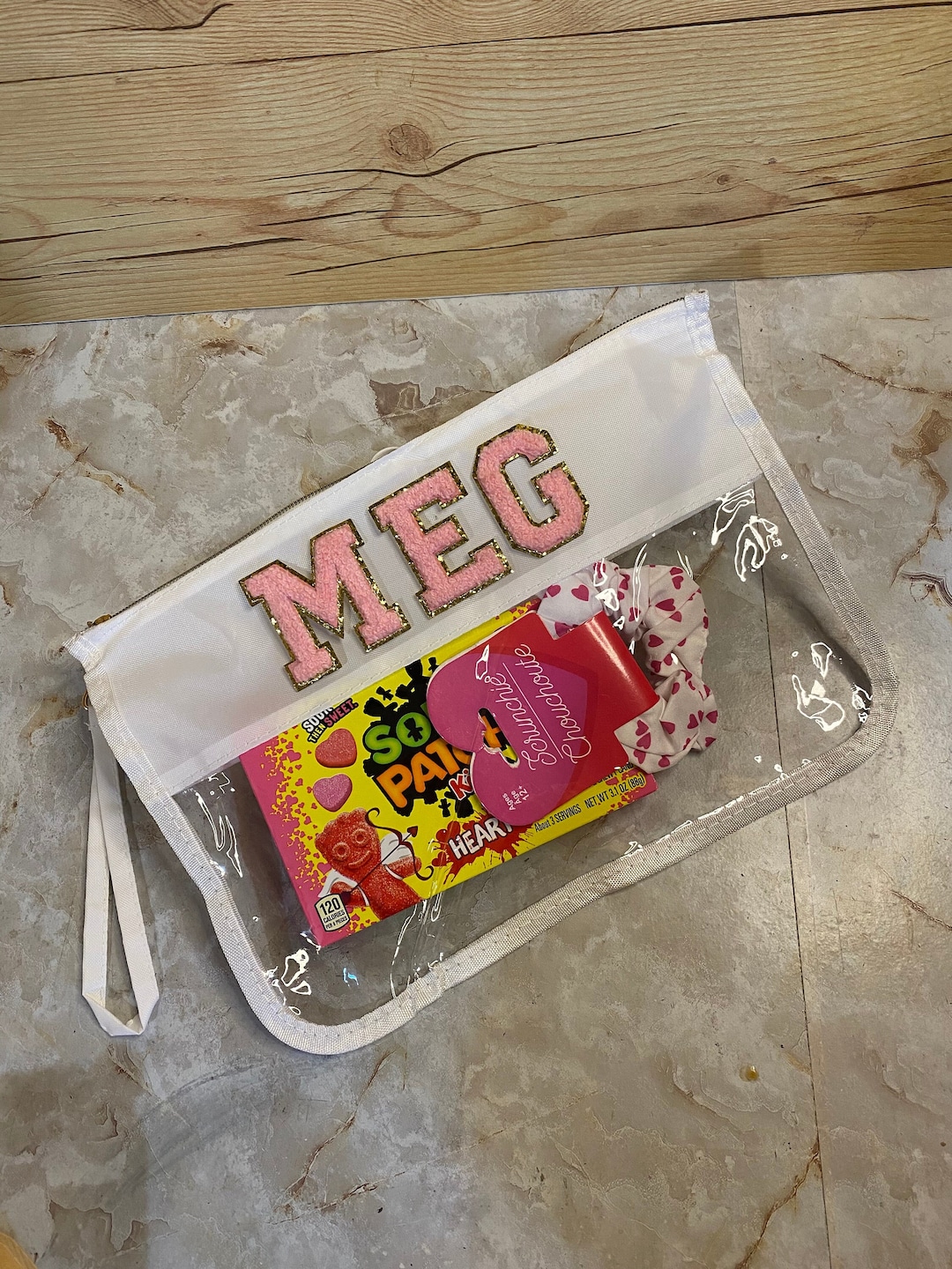 Personalized Clear Pouch With Glittery Chenille Letters and Strap ...