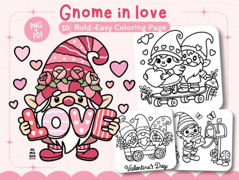 Gnome in Love Coloring Page Valentines - Etsy