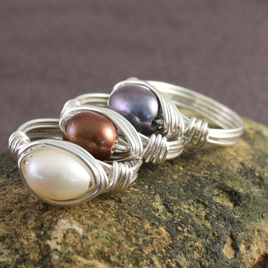 White pearl ring wire wrapped ring gift for her custom ring | Etsy