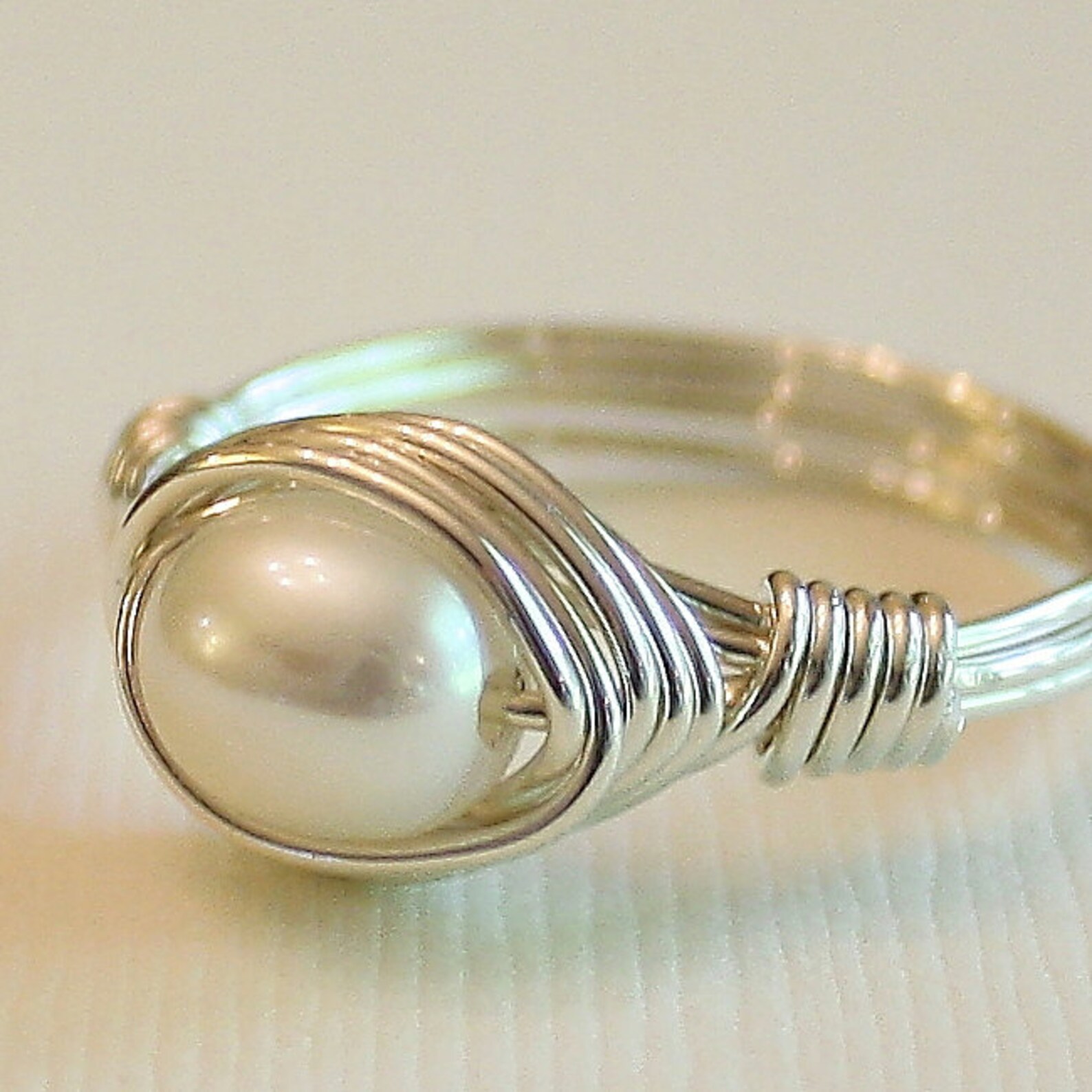 White pearl ring wire wrapped ring gift for her custom ring | Etsy