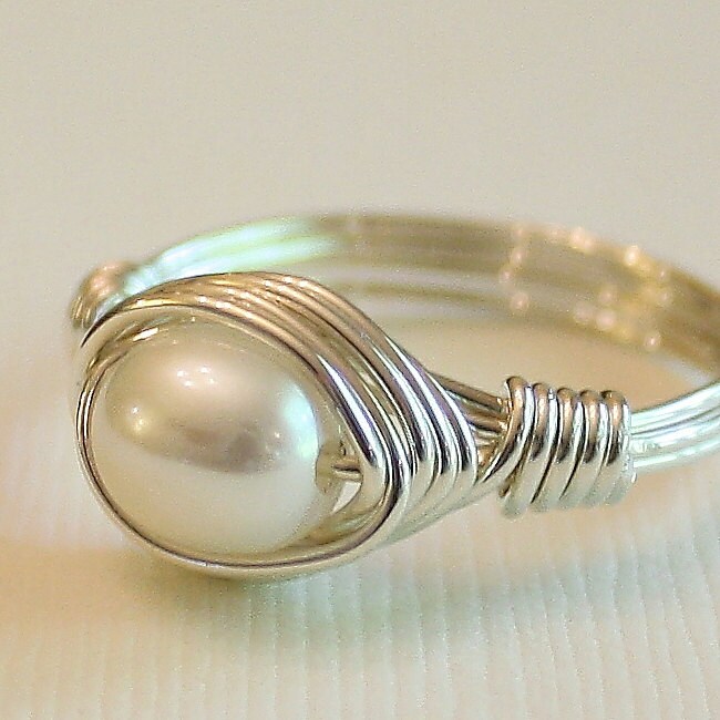 White pearl ring wire wrapped ring gift for her custom ring | Etsy
