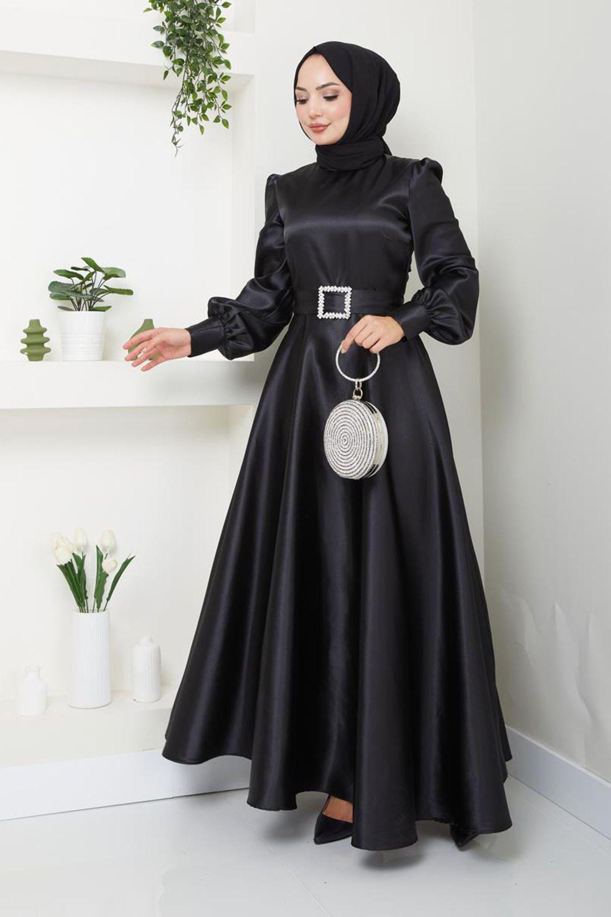 Long Hijab Satin Evening Dress With Stone Belt 2753 Evening, Hijab ...