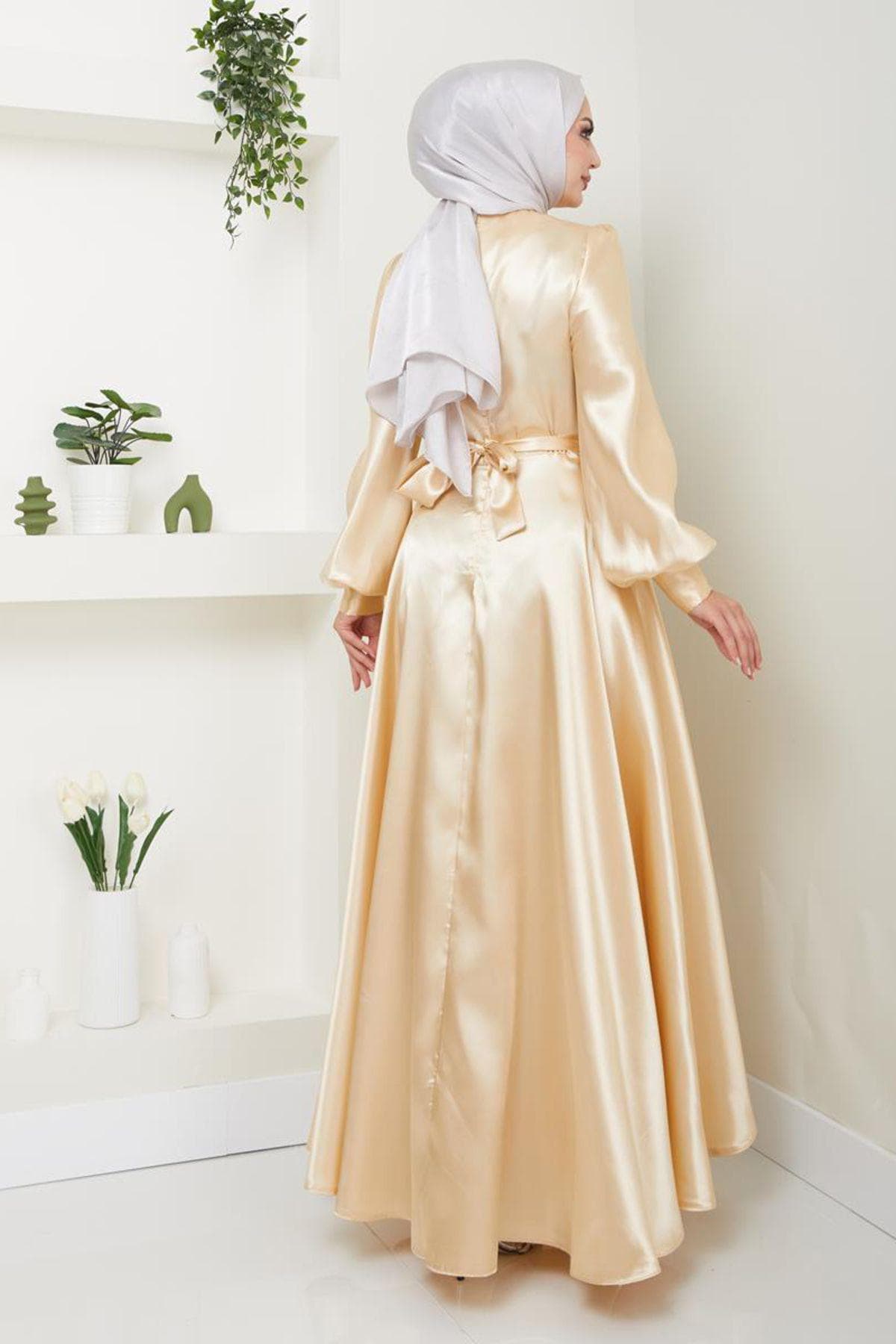 Long Hijab Satin Evening Dress With Stone Belt 2753 Evening, Hijab ...