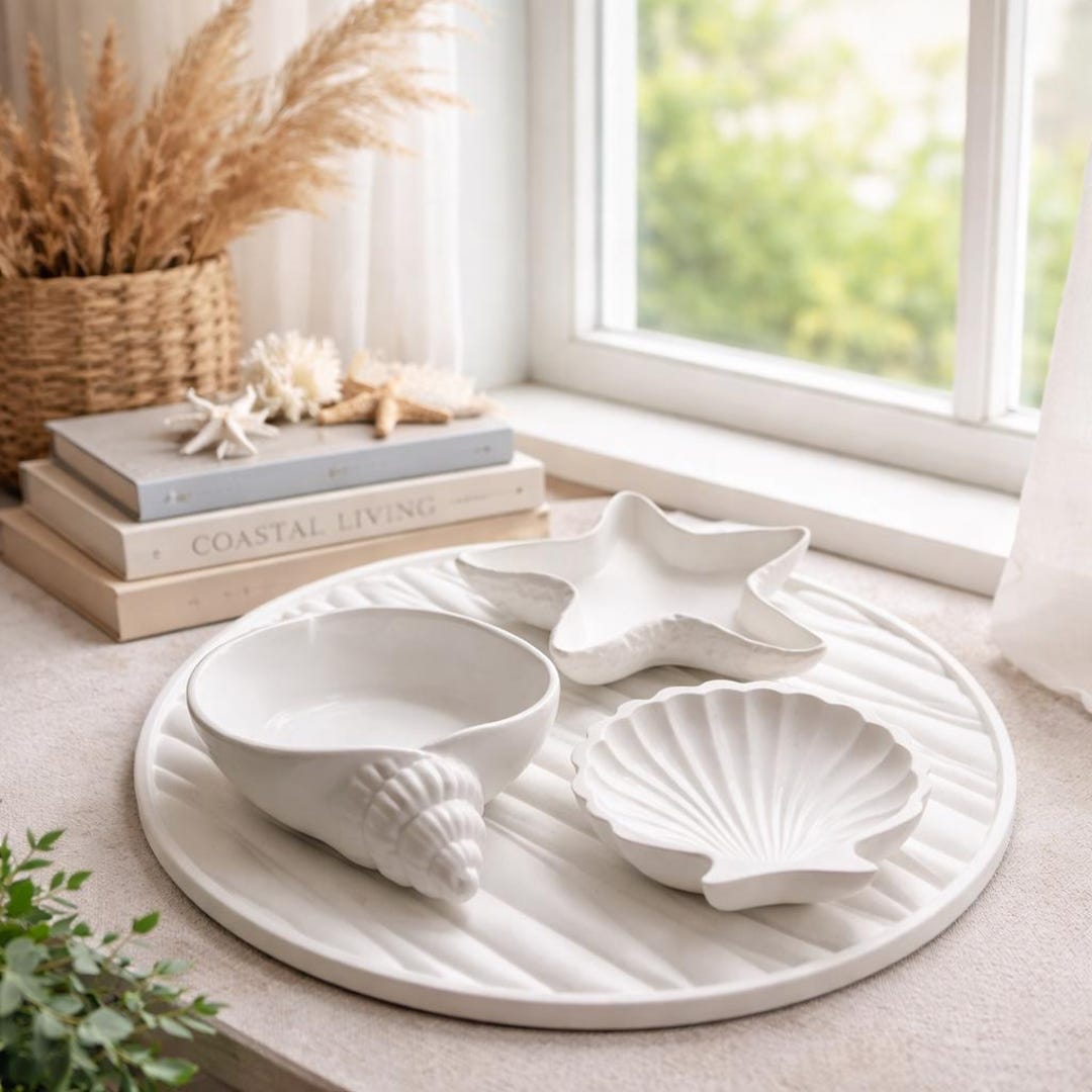 Minimalist White Coastal Decor Set, Decorative Tray With Shells, Ocean ...