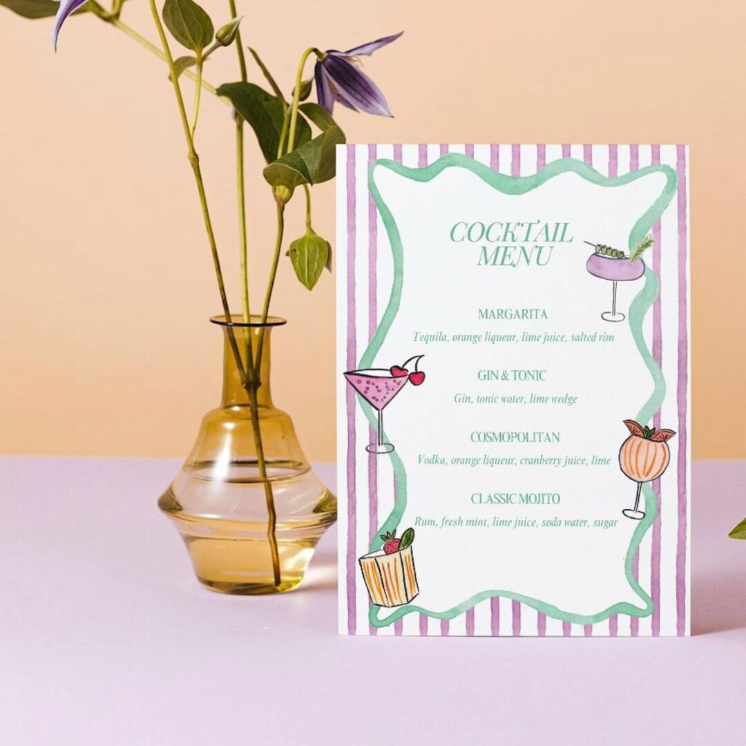 Watercolor Cocktail Menu Template: Whimsical Wedding Bar Sign (digital ...