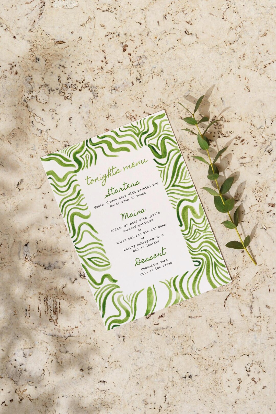 Green Lined Nature Wedding Menu Template/ Hand Drawn Watercolour ...