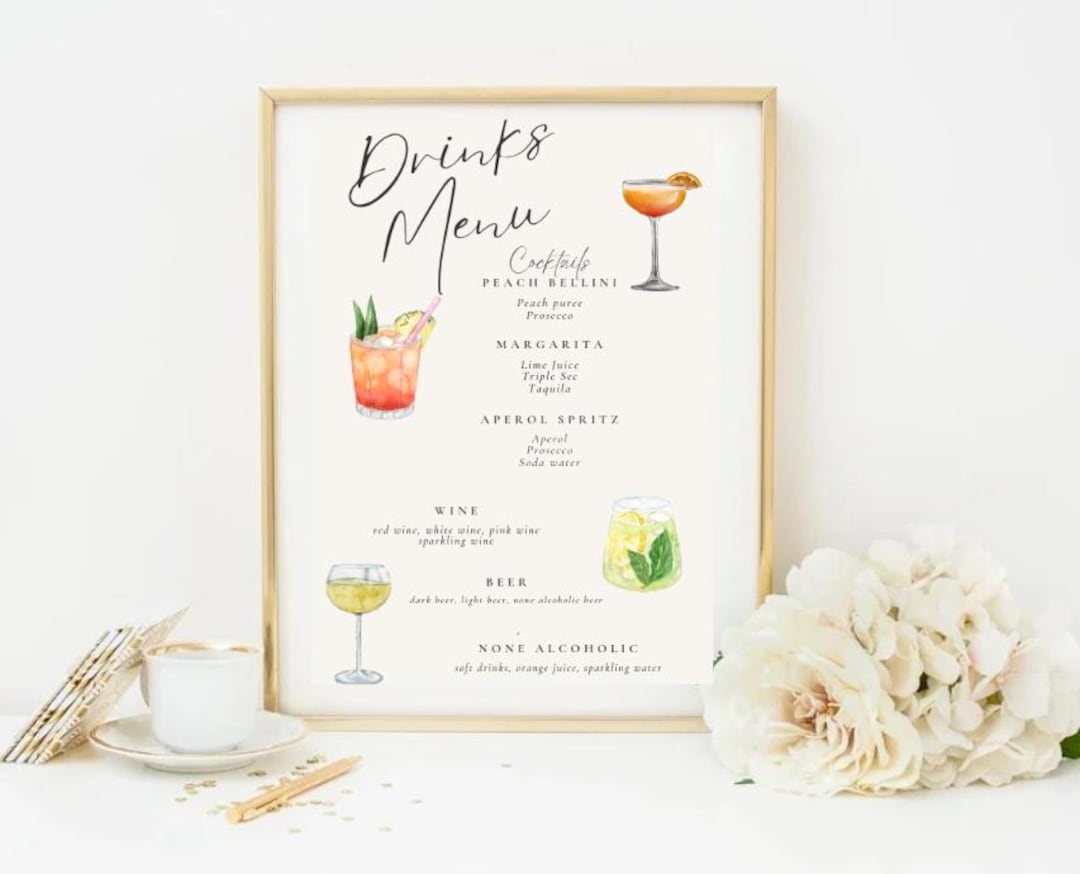 Bar Menu Cocktail Template/ Wedding Menu / Watercolour Bar Menu ...