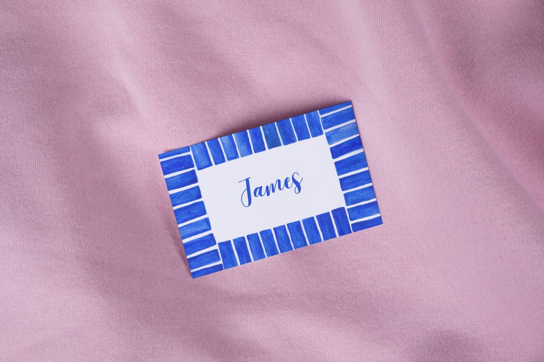 Blue Boarder Wedding Name Cards Template/ Hand Painted Watercolour Name ...