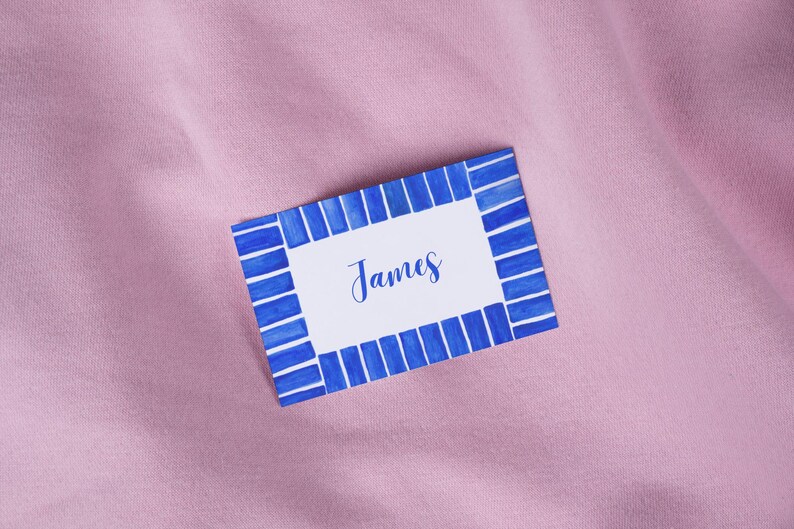 Blue Boarder Wedding Name Cards Template/ Hand Painted Watercolour Name ...