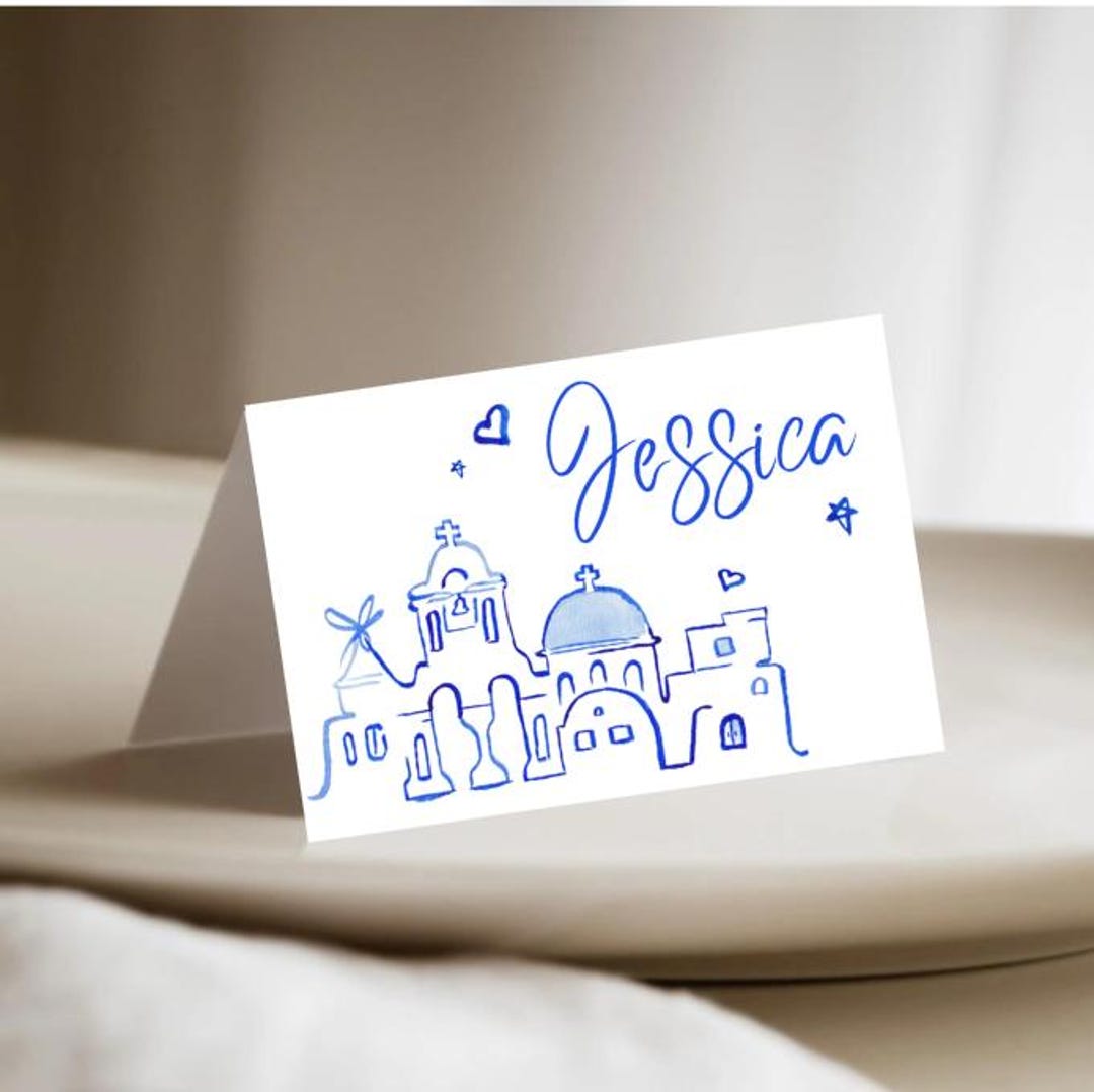 Santorini Name Card Template - Etsy