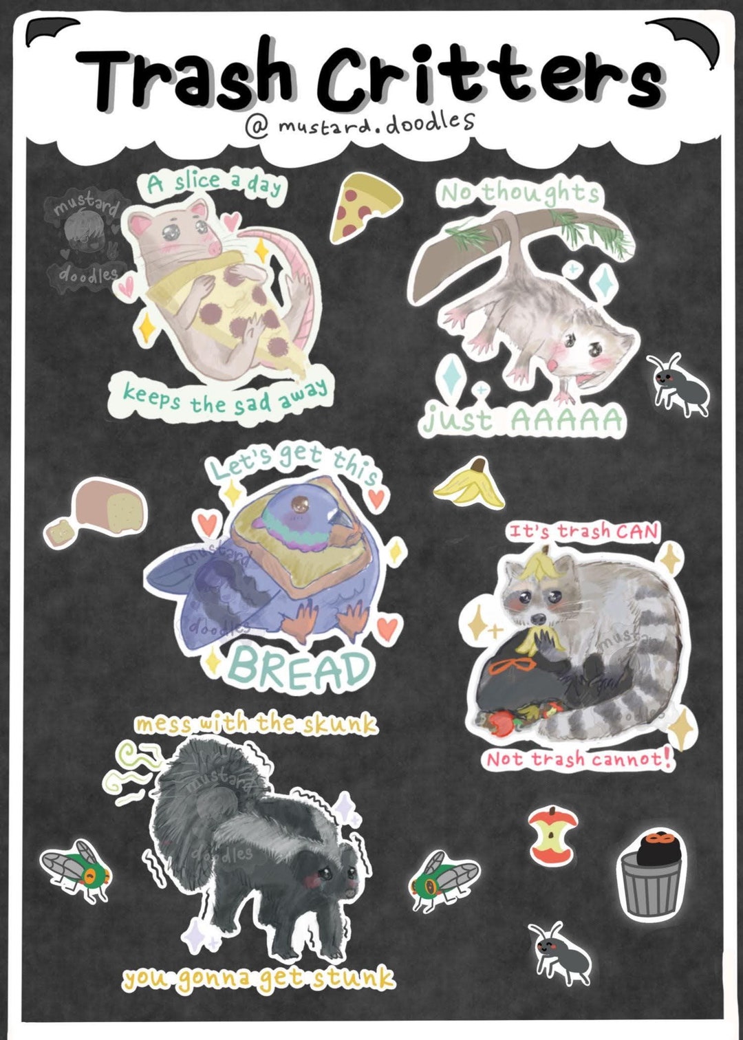 Trash Critters Sticker Sheet | Rat Opossum Pigeon Raccoon Skunk | Funny ...