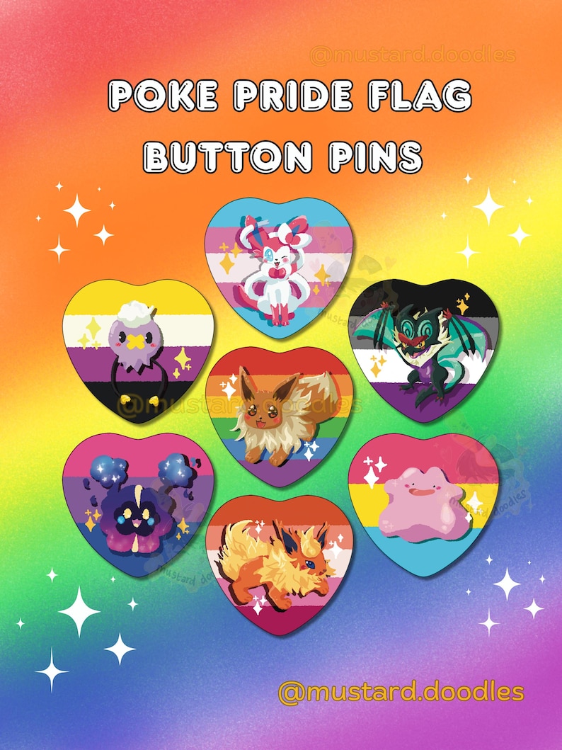 Pride Flag Heart Button Pins, Eevee Noivern Sylveon Cosmo Flareon Ditto ...