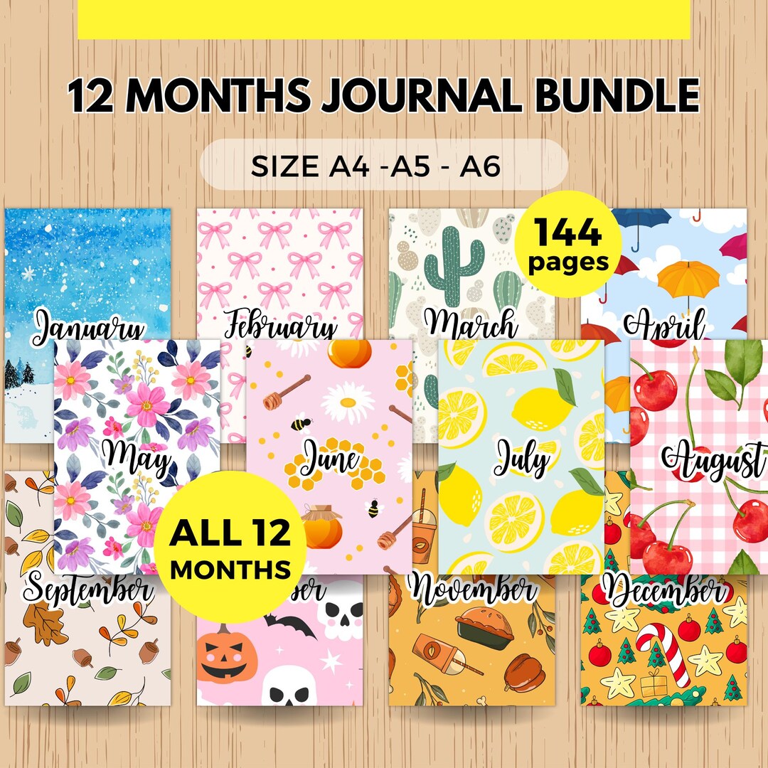 12 Months Journal Bundle Pre Coloured Printable Journal Page, Bullet ...