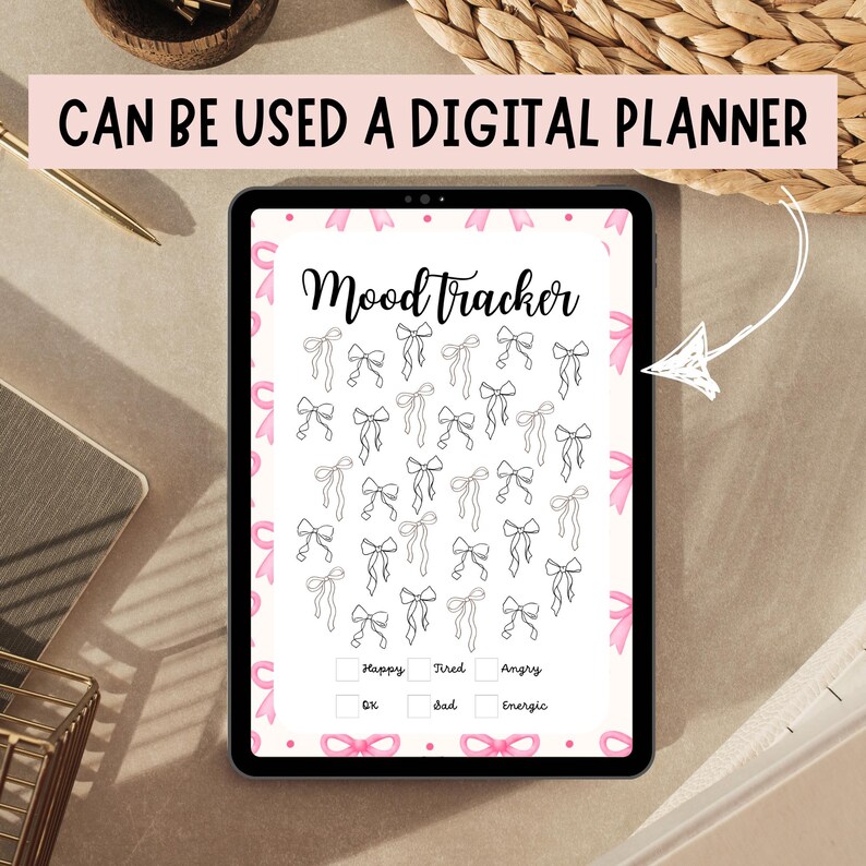 Pink Bow Mood Tracker Printable – Color Your Mood Daily, Bullet Journal ...