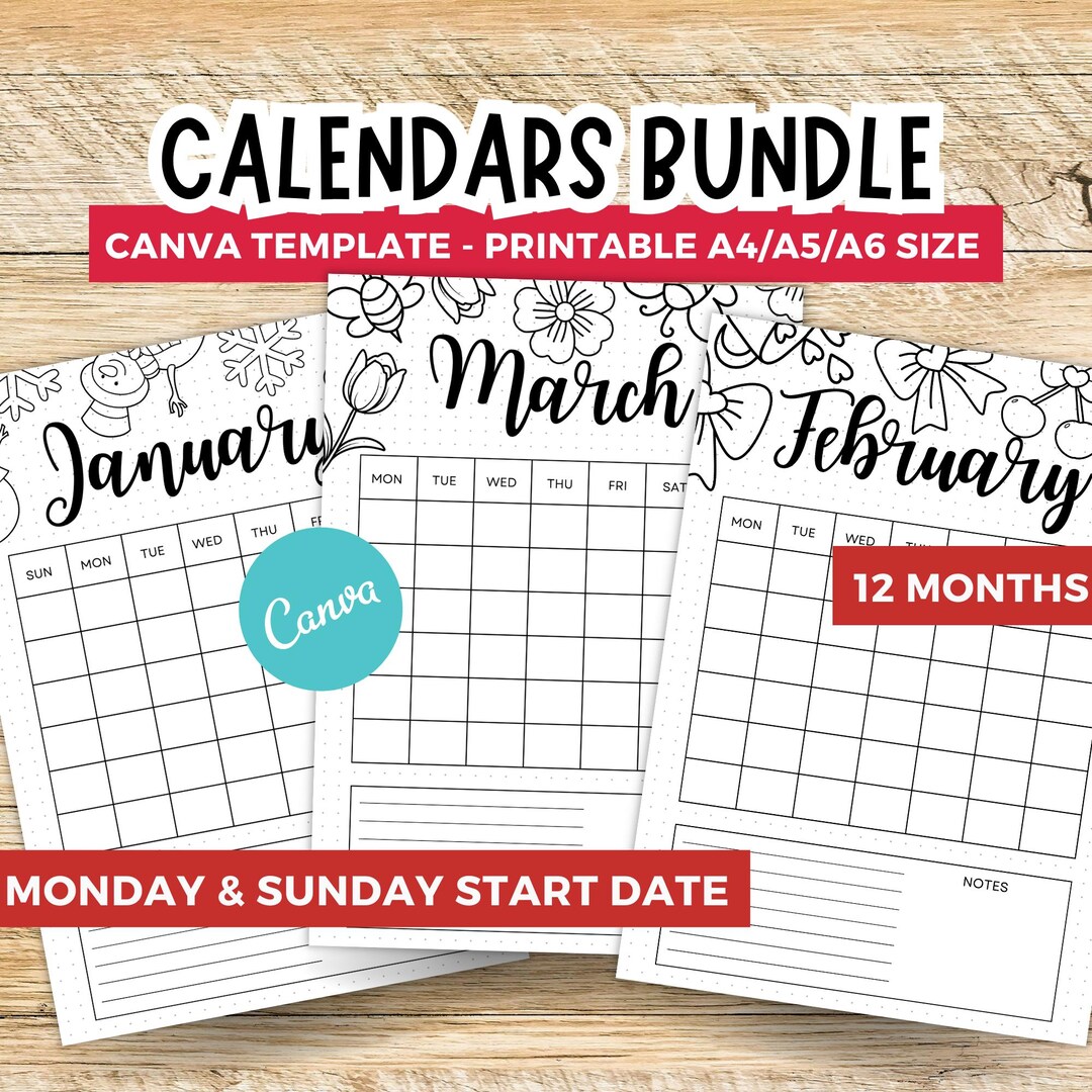 Monthly Calendar Bundle Editable Canva Template, Printable Calendar A4 ...