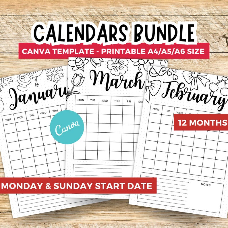 Monthly Calendar Bundle Editable Canva Template, Printable Calendar A4 ...