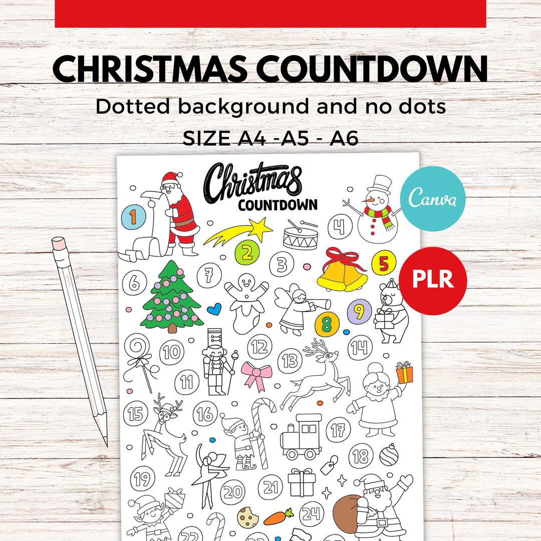 Christmas Countdown Coloring Sheet Editable Canva Template With PLR ...