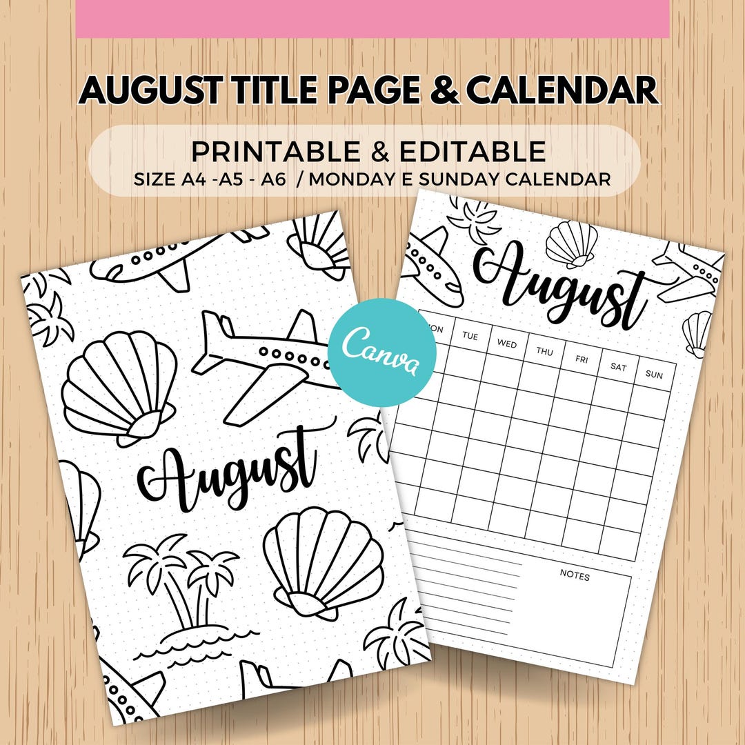 August Calendar Canva Template Editable & Printable Title Page, August ...