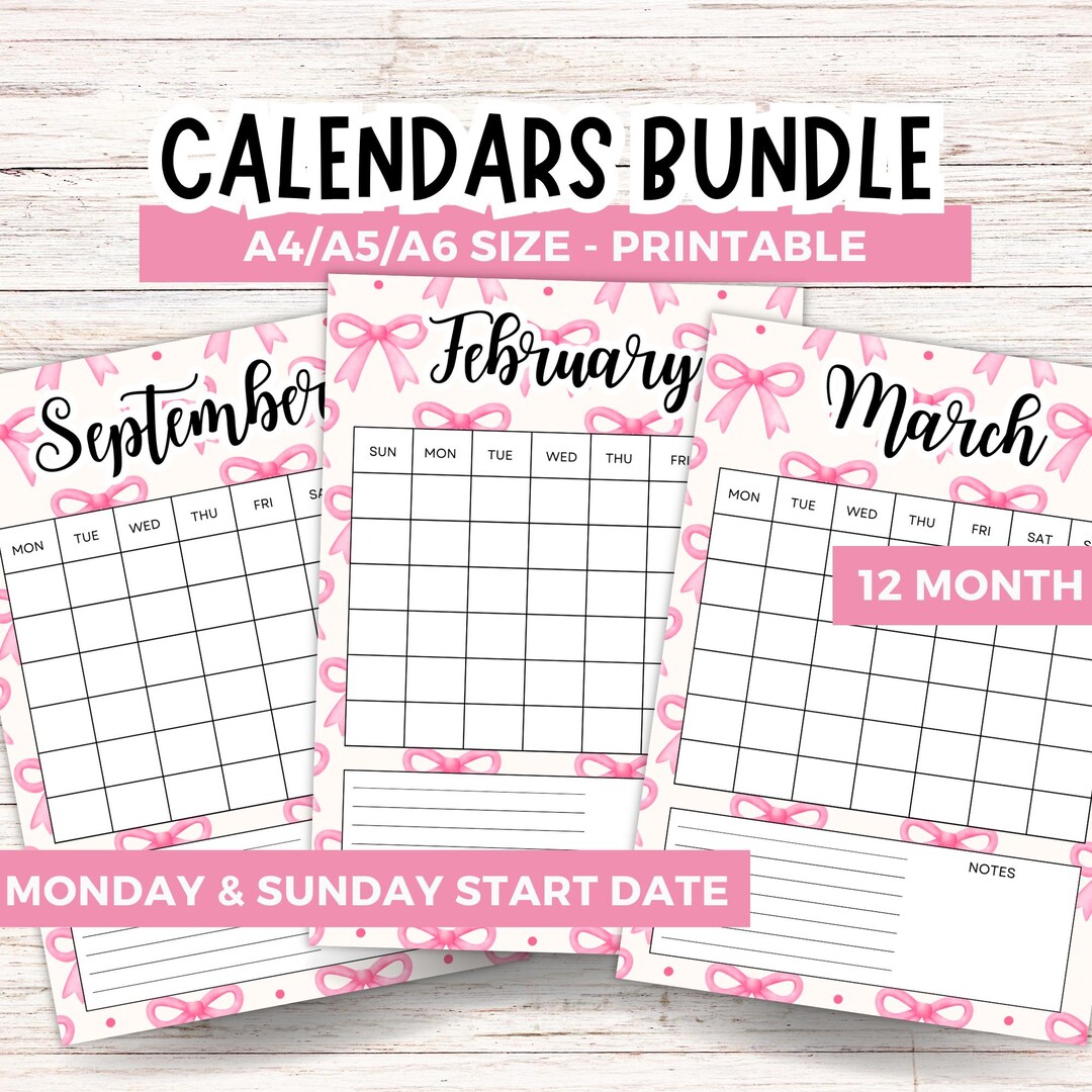 Coquette Calendar Bundle: Printable Monthly Planner Pages (A4 A5 A6 ...