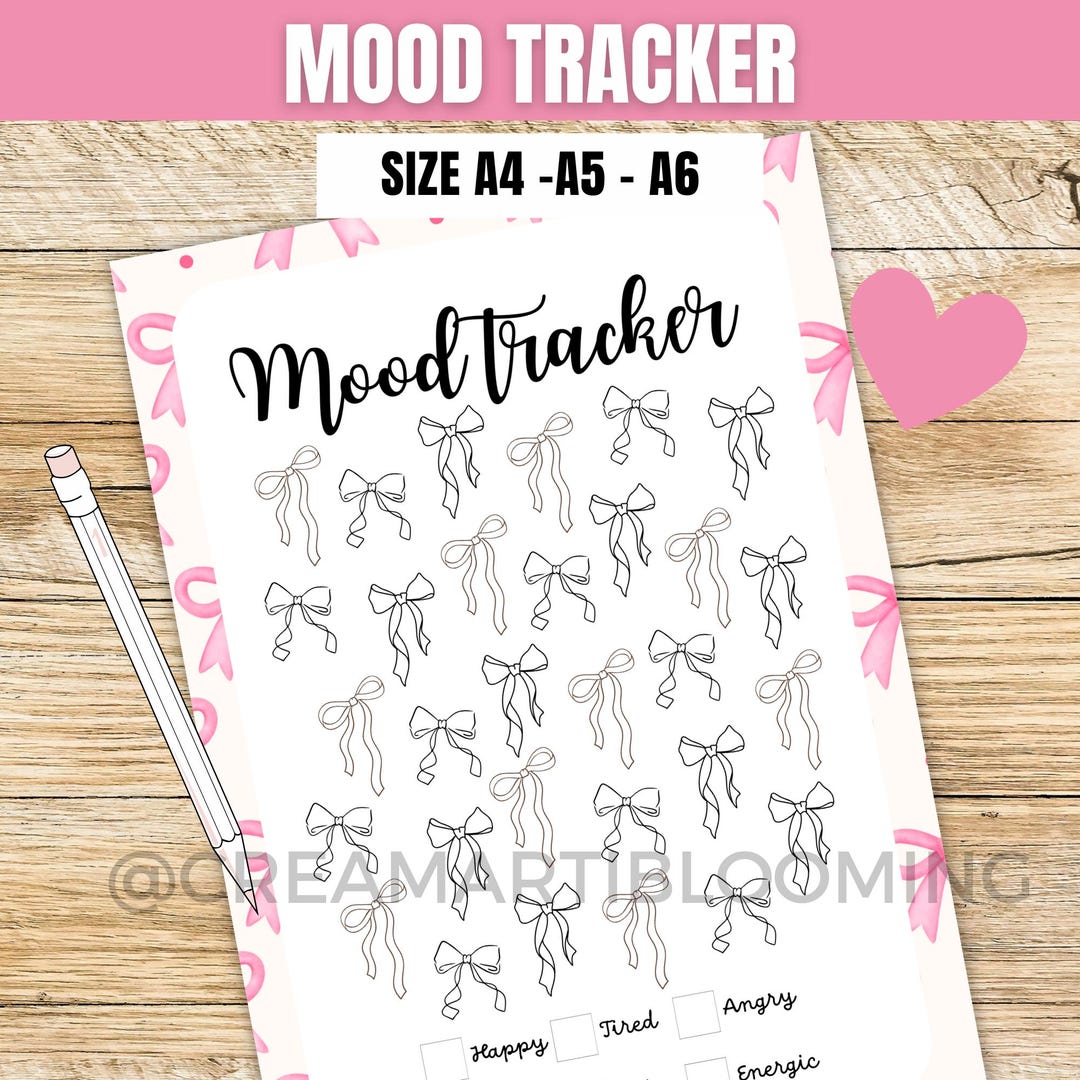 Pink Bow Mood Tracker Printable – Color Your Mood Daily, Bullet Journal ...