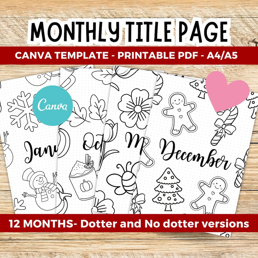 Monthly Title Page Canva Template Printable & Editable Bullet Journal ...