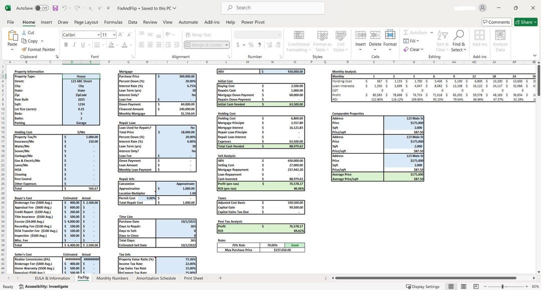 Fix & Flip - Real Estate Investment Calculator - Microsoft Excel - Etsy
