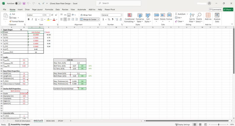 Steel Base Plate Design Check - ASD - Microsoft Excel - Etsy