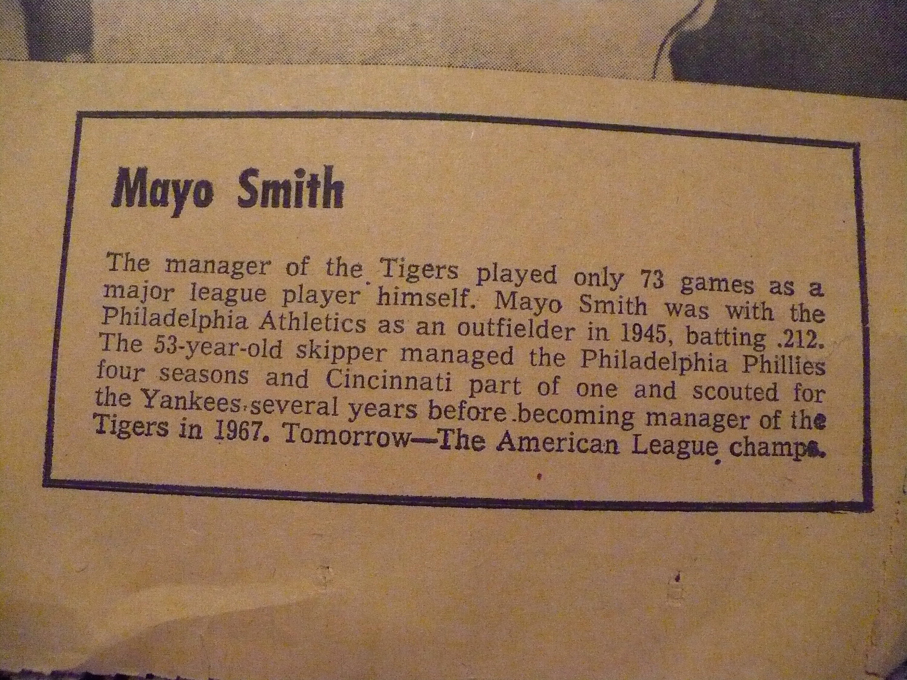 Mayo Smith - Detroit Tiger's Super Poster - the Detroit News - 1968 - Etsy