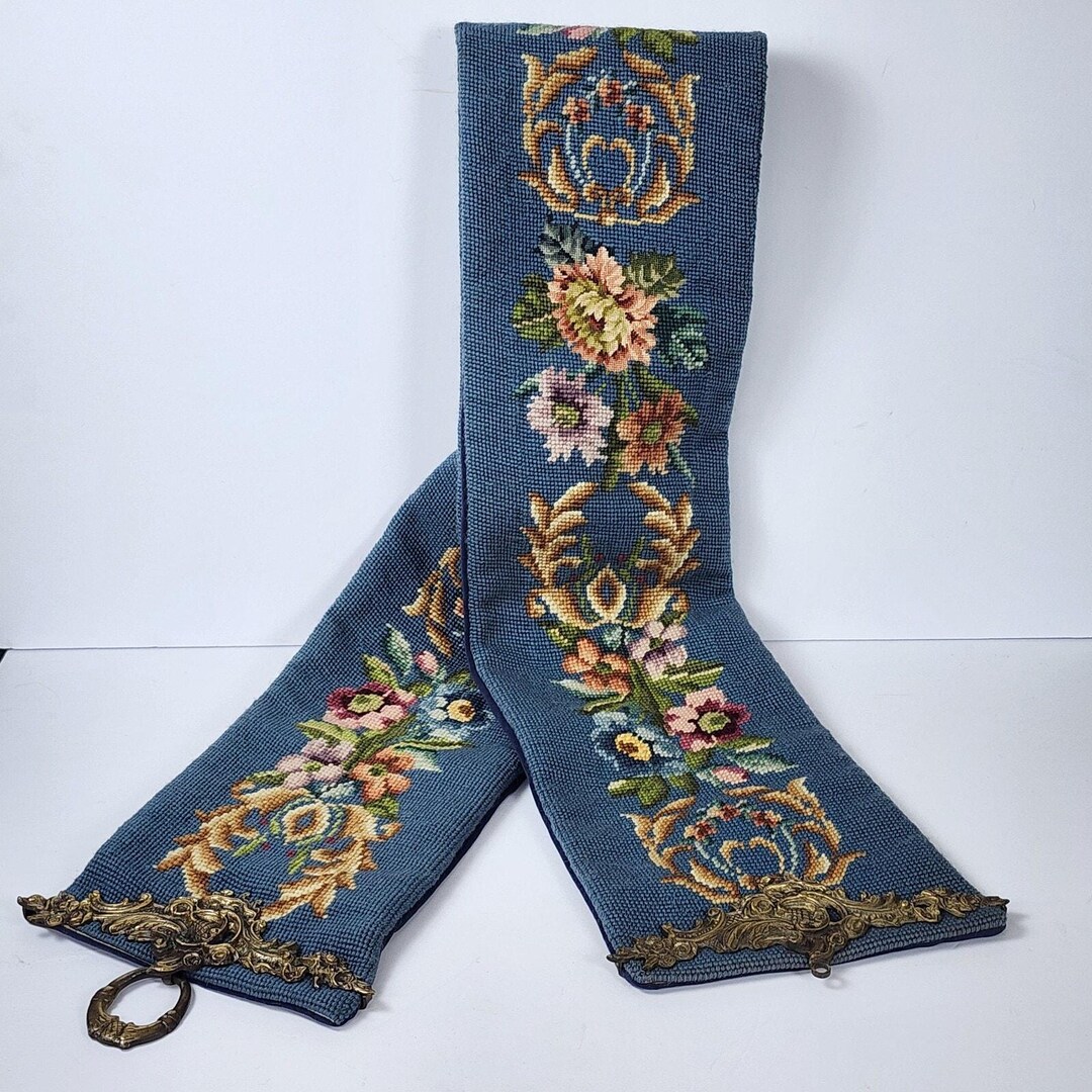 Vintage Antique Needlepoint Bell Pull Blue and Rose Floral Brass ...