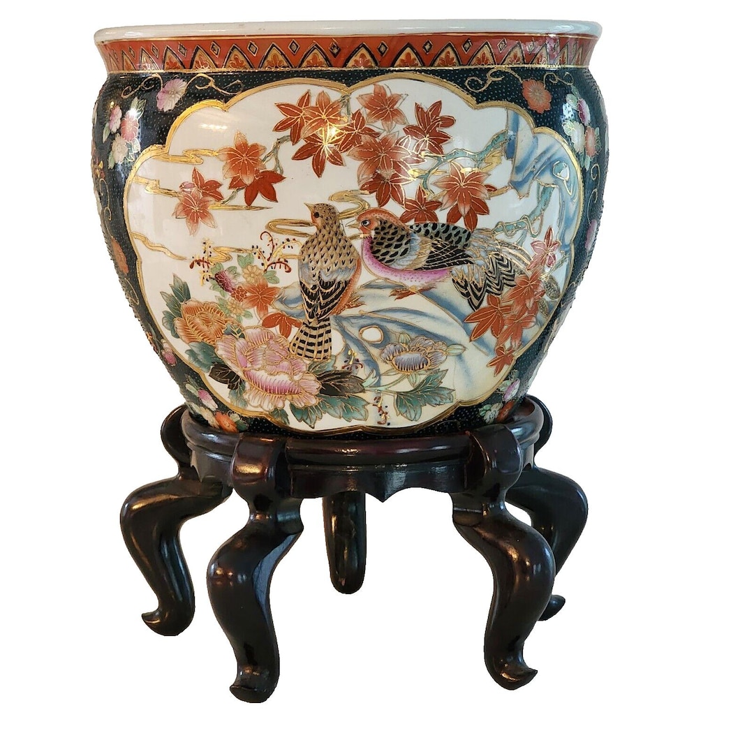 Japanese Koi Satsuma Large Planter With Stand Hand Painted GORGEOUS - Etsy