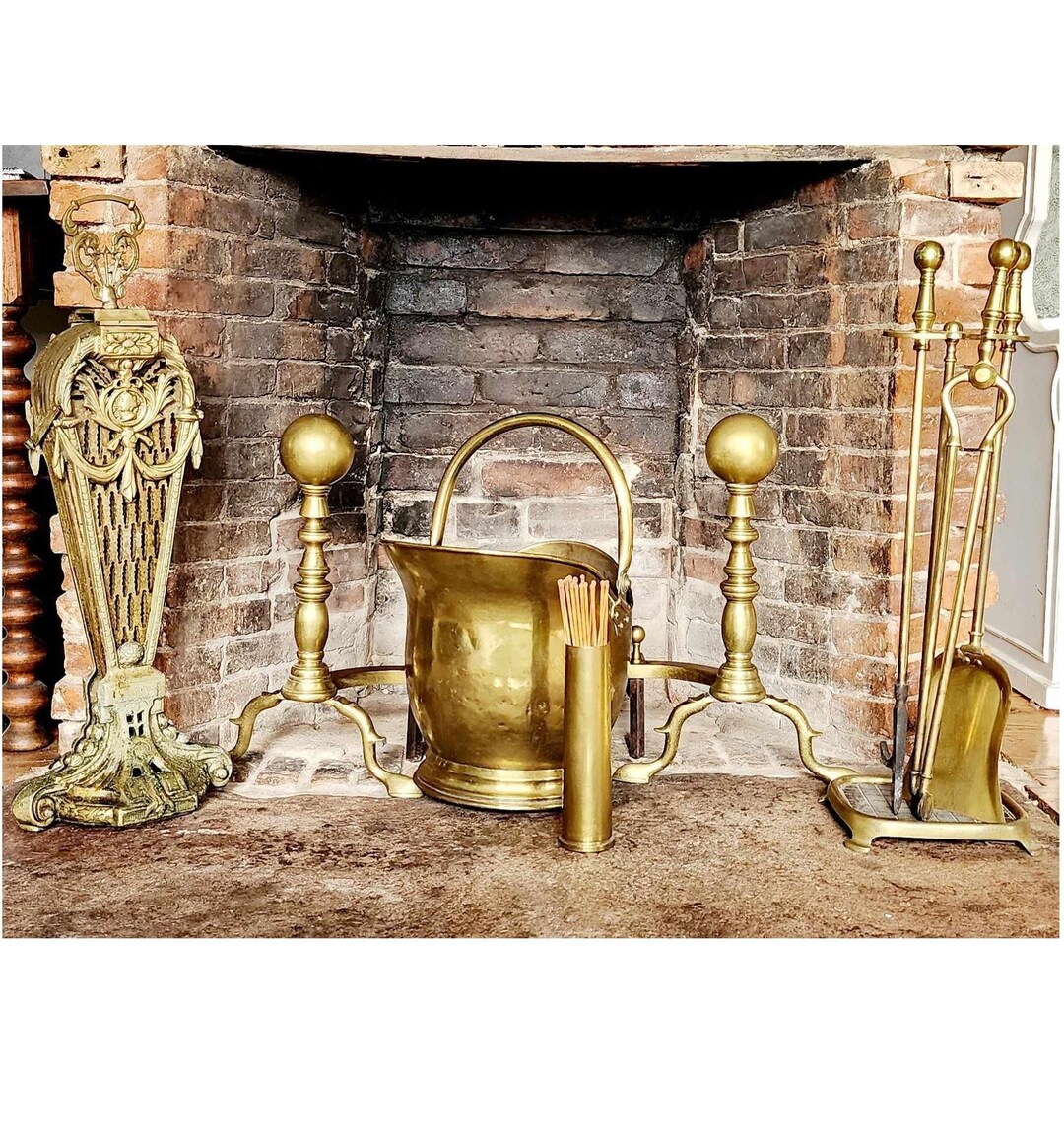 Complete BRASS Fireplace Set Andirons, Peacock Fan, Tools, Coal Bucket ...