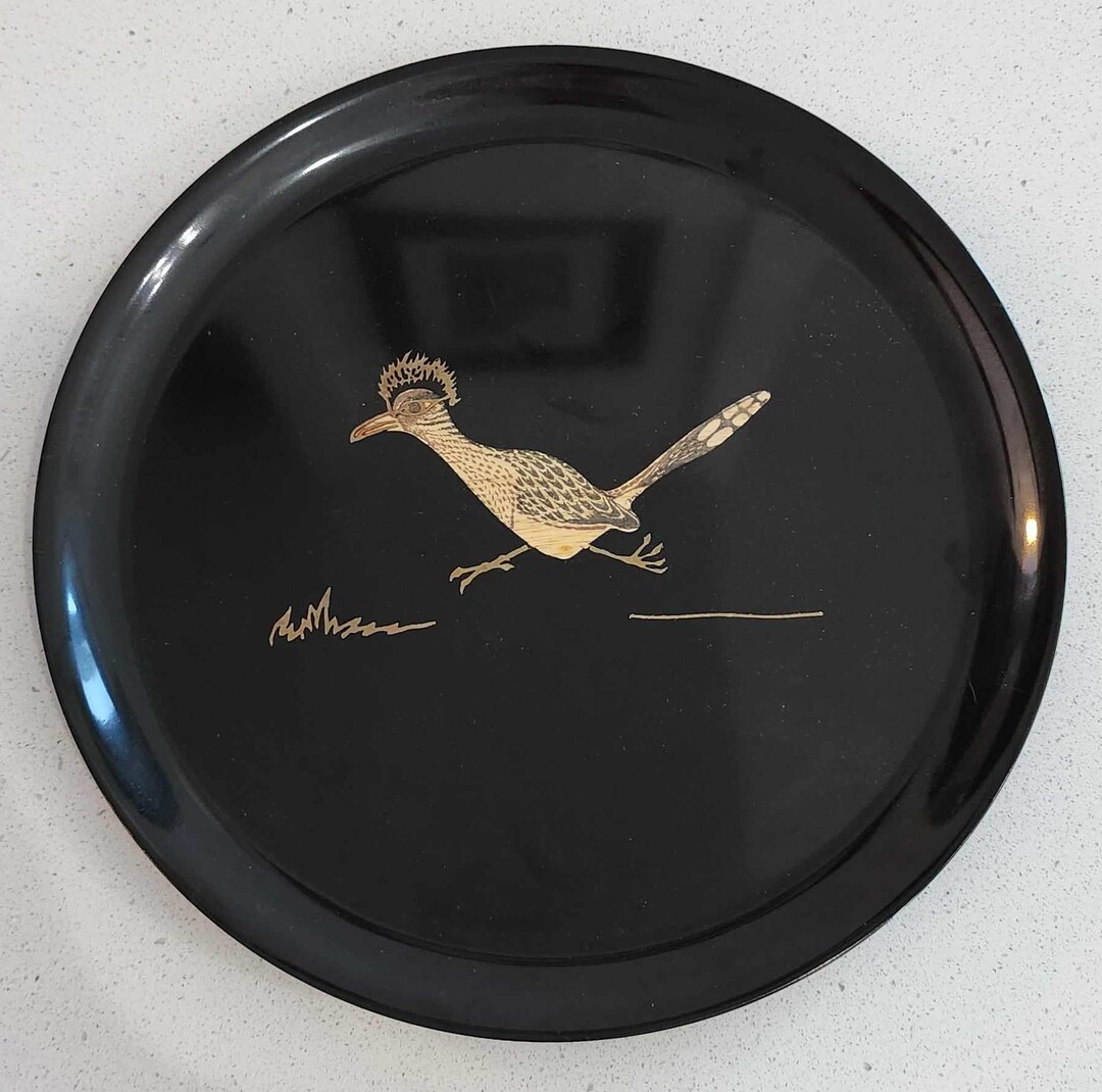 Vintage MCM Black Couroc of Monterey Round Roadrunner Serving Bar Drink ...