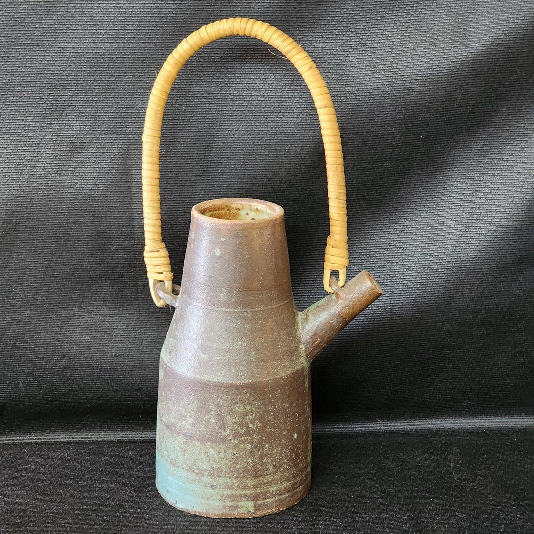 Antique Vintage Long Spout Pottery Teapot With Rattan Wrapped Handle ...