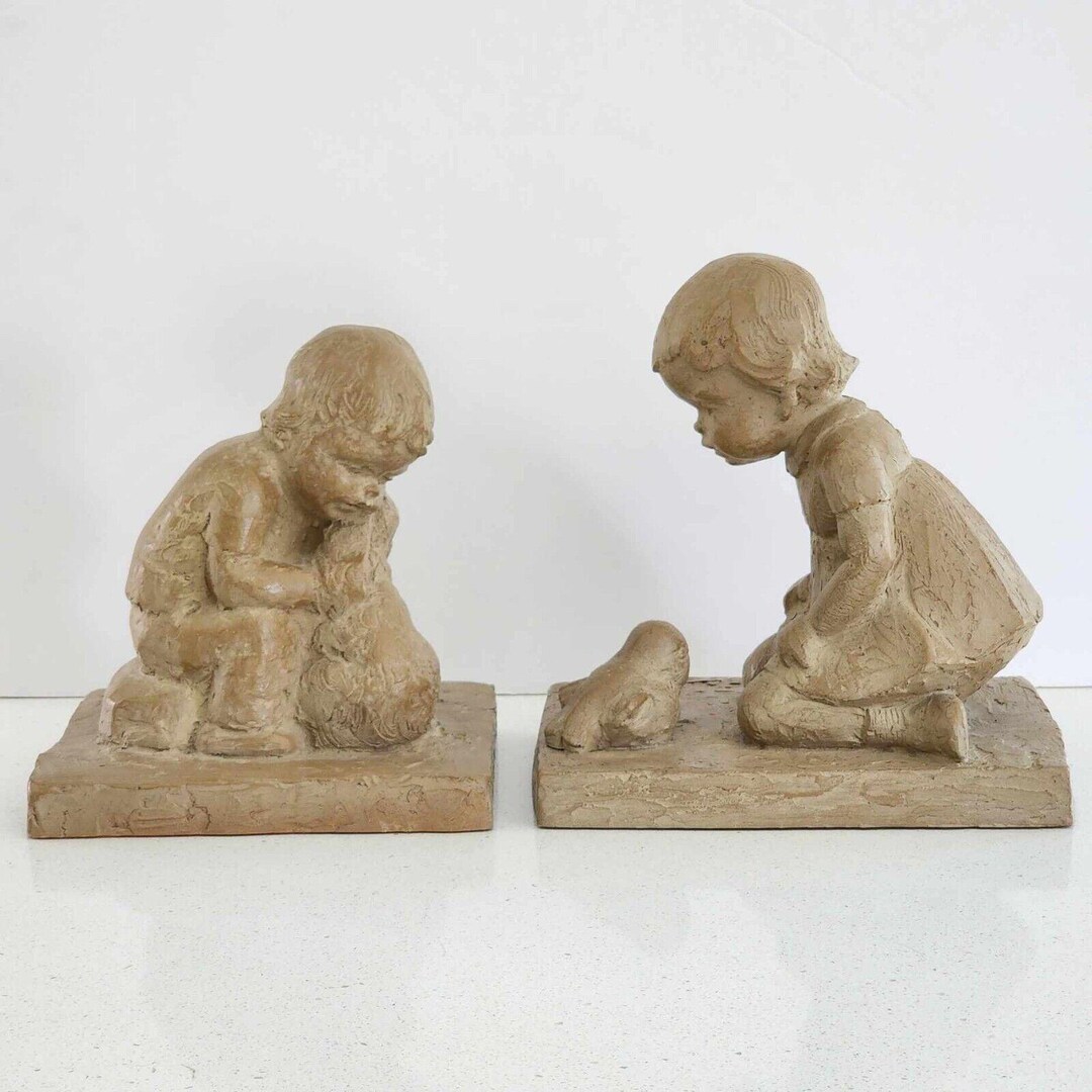 HAEGER POTTERY Pair - SIGNED! "girl With Bird" and "boy With Shaggy Dog ...