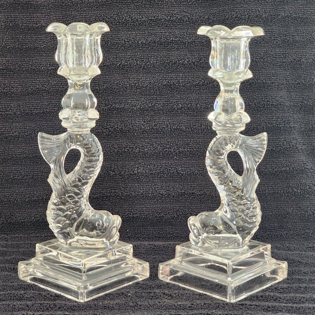 Pair of Flint Glass Crystal Candle Stick Holders With Fish Design - 10 ...
