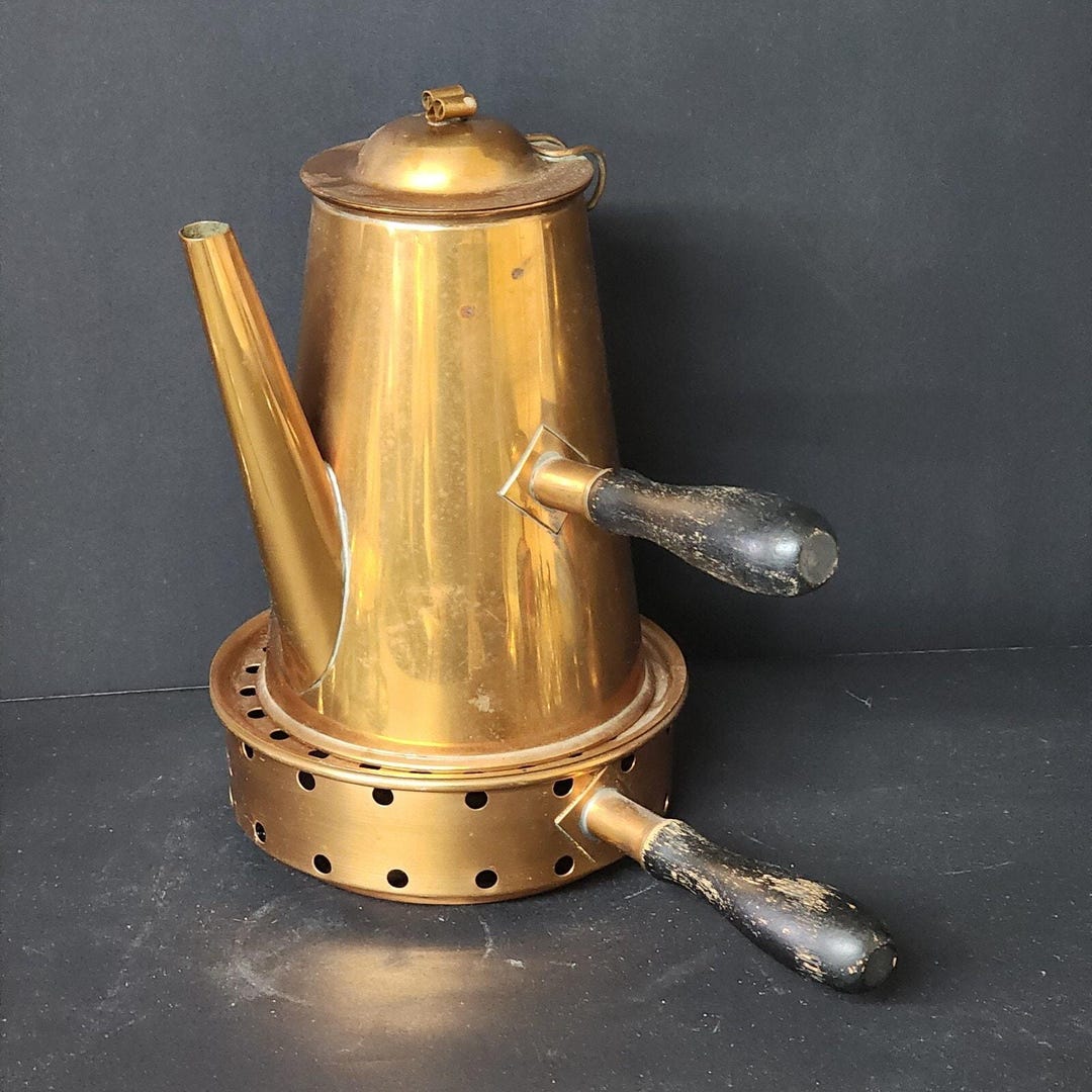 Vintage E.W. ALLEN Copper Tea Coffee Chocolate Pot With Heater and Wood ...