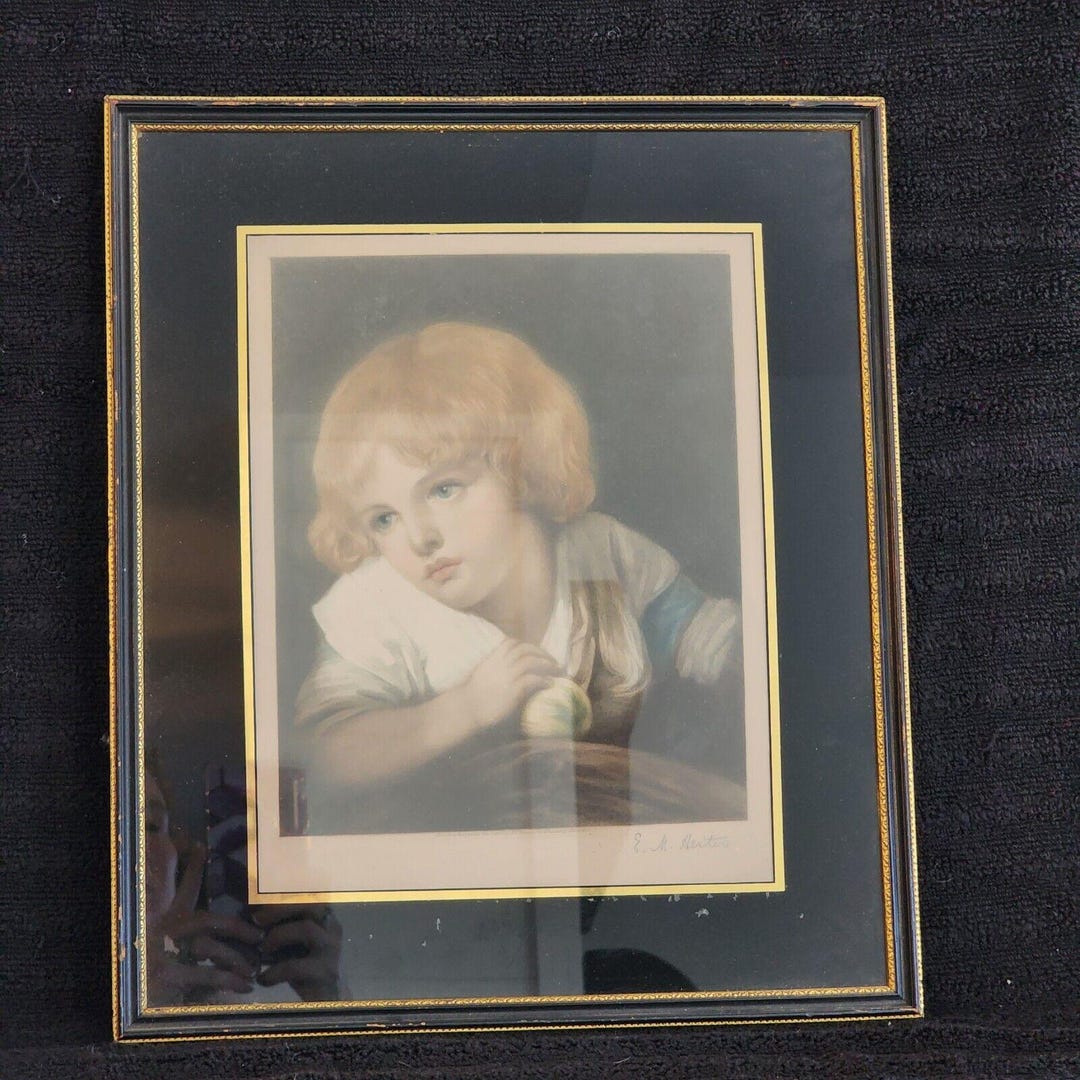 Antique Colored Lithograph Portrait of a Girl - Framed - SIGNED E.M ...