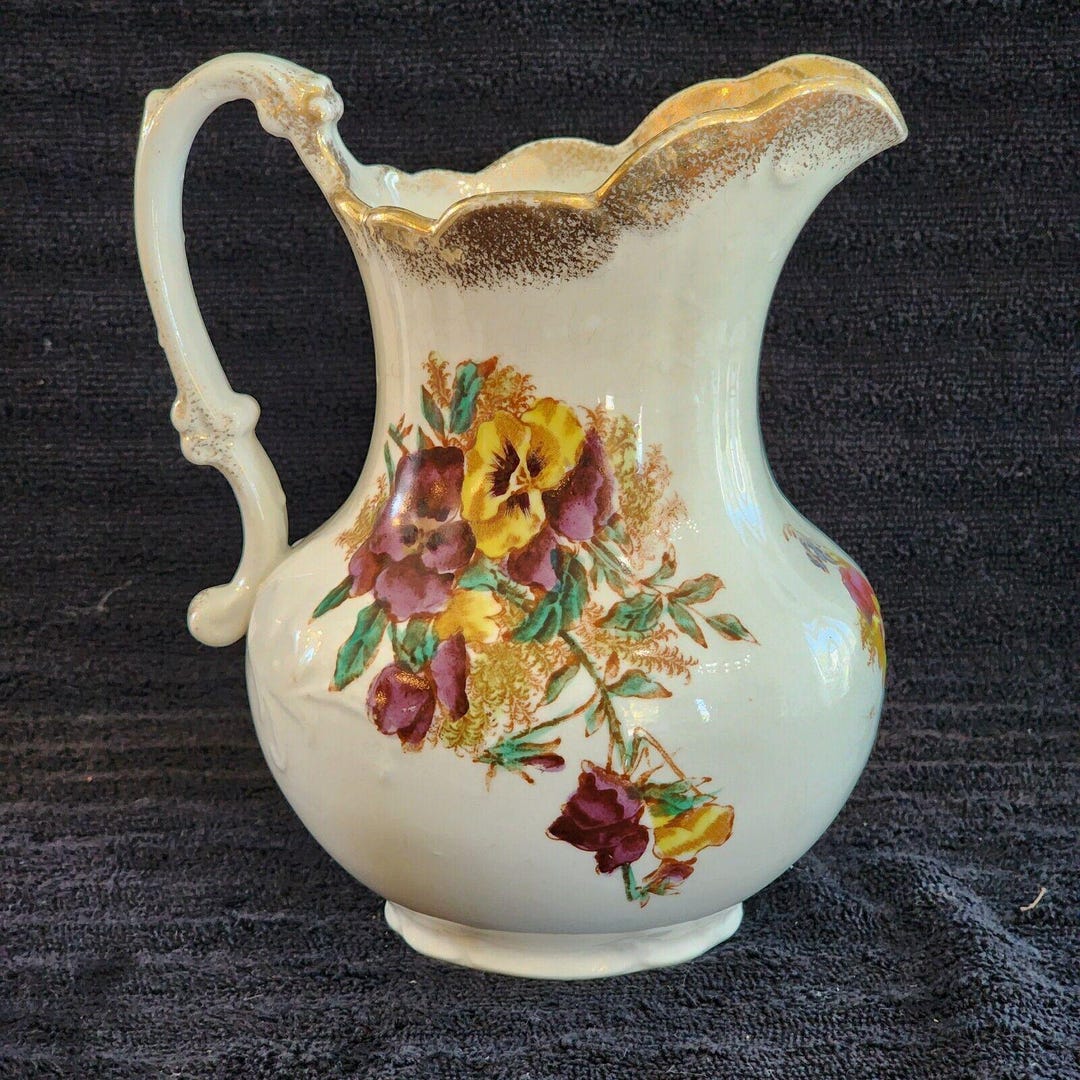 Antique Porcelain Anchor Pottery Pitcher Vase Pansies Gold 8 Tall - Etsy