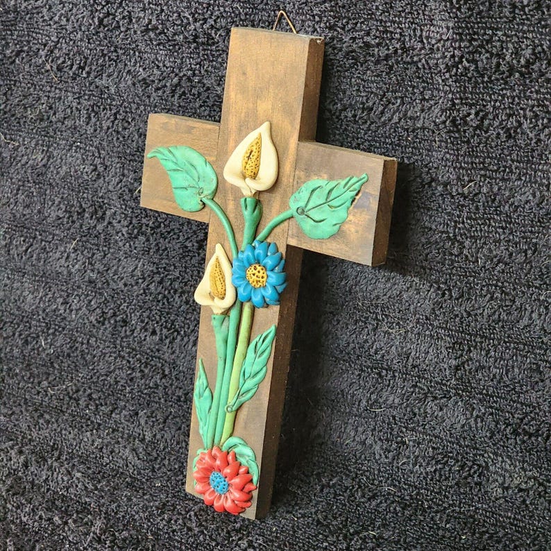 Handmade Painted Wooden Cross Decoration With Flowers and Lilies ...