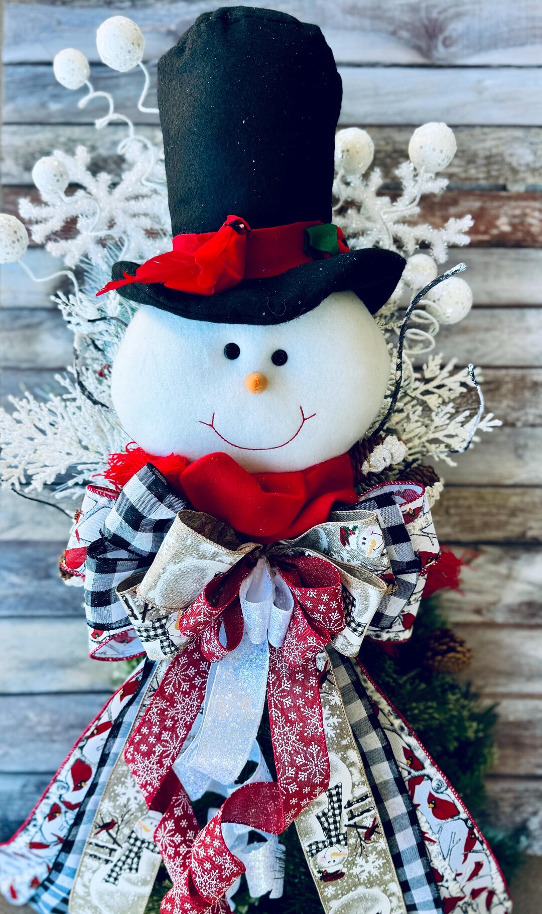 Large Snowman and Red Cardinal Tree Topper With Festive Ribbon - Etsy