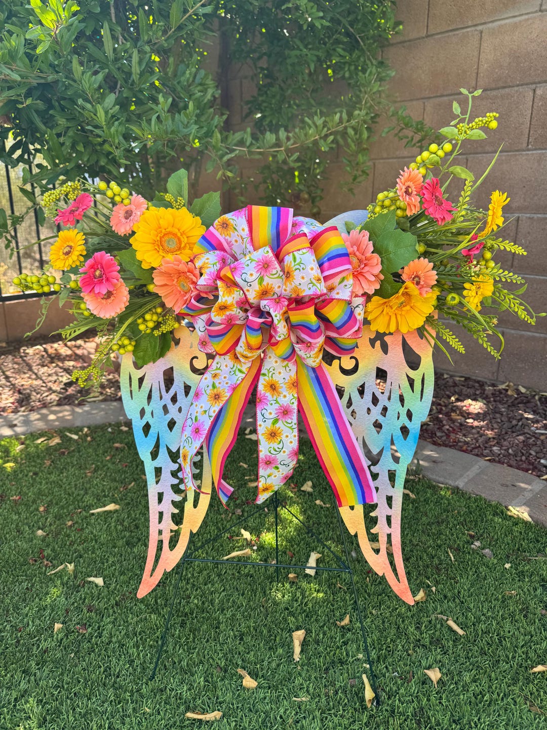 Rainbow Angel Wing Wreath: Faux Flowers & Striped Bow - Etsy