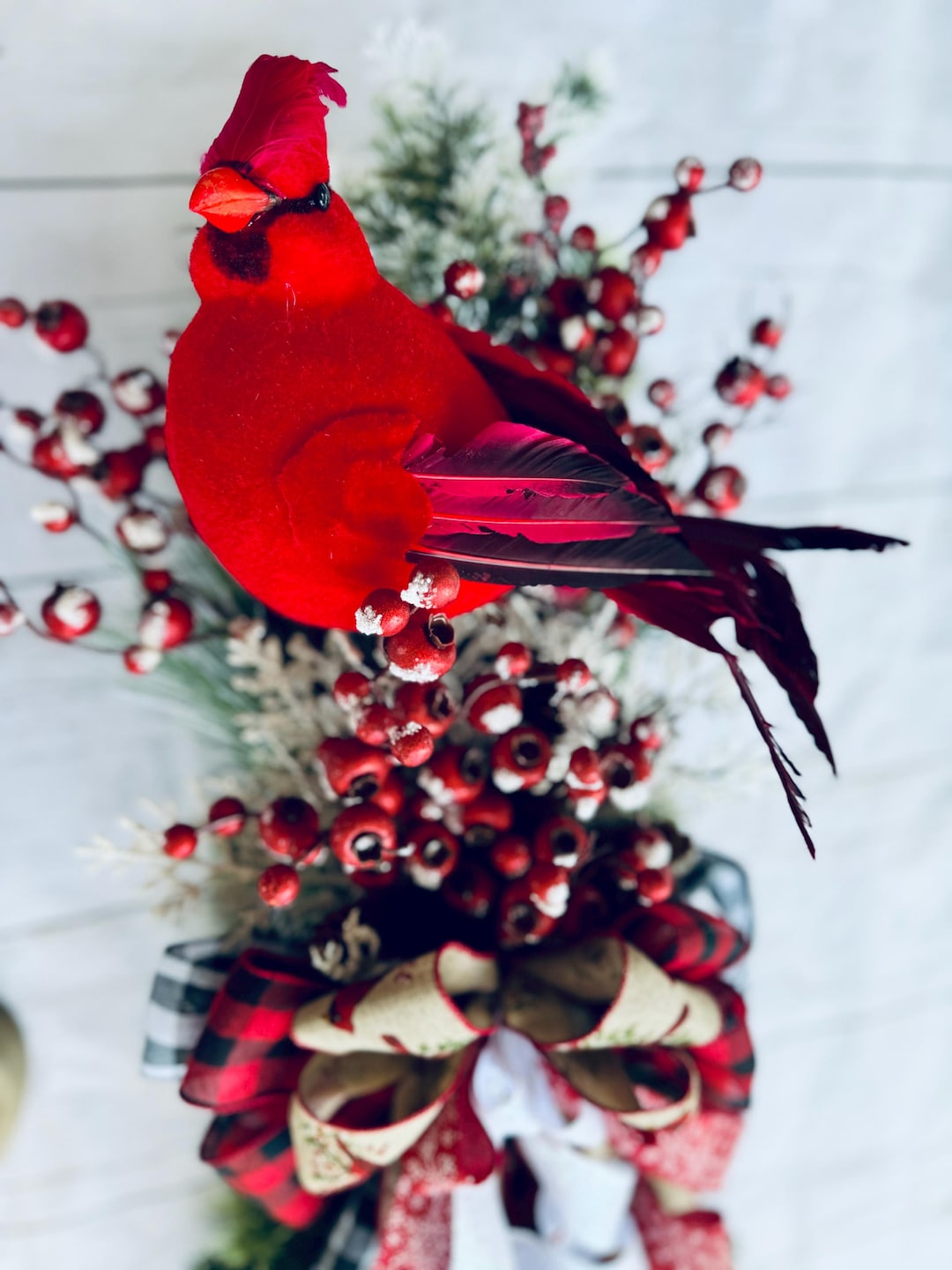 Christmas Tree Topper With Red Cardinal & Buffalo Plaid Bows – Winter ...