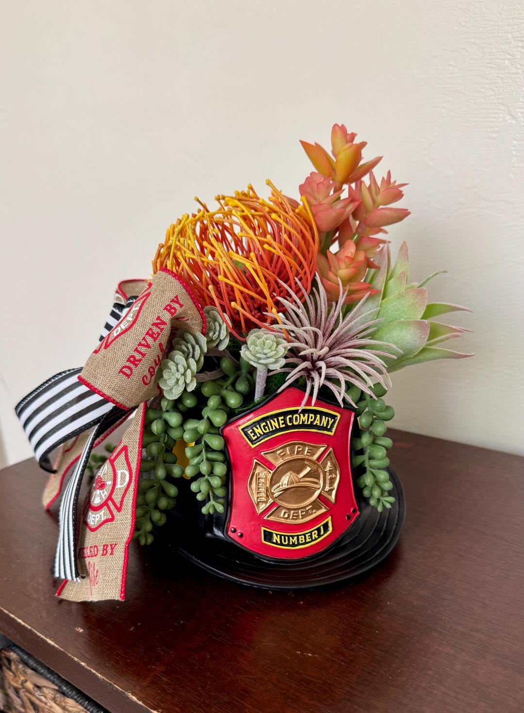 Firefighter Centerpiece With Succulents & Bow – Fire Helmet Decor, Fire ...