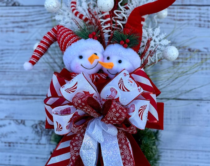 Snowman Christmas Tree Topper – Whimsical Red & White Holiday Decor - Etsy